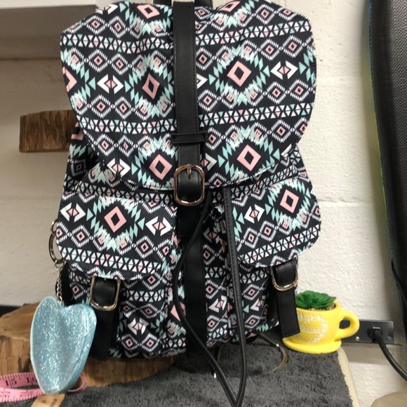 Bags | Large Backpack Purse Aztec Print Teal Blush And Black Drawstring ...